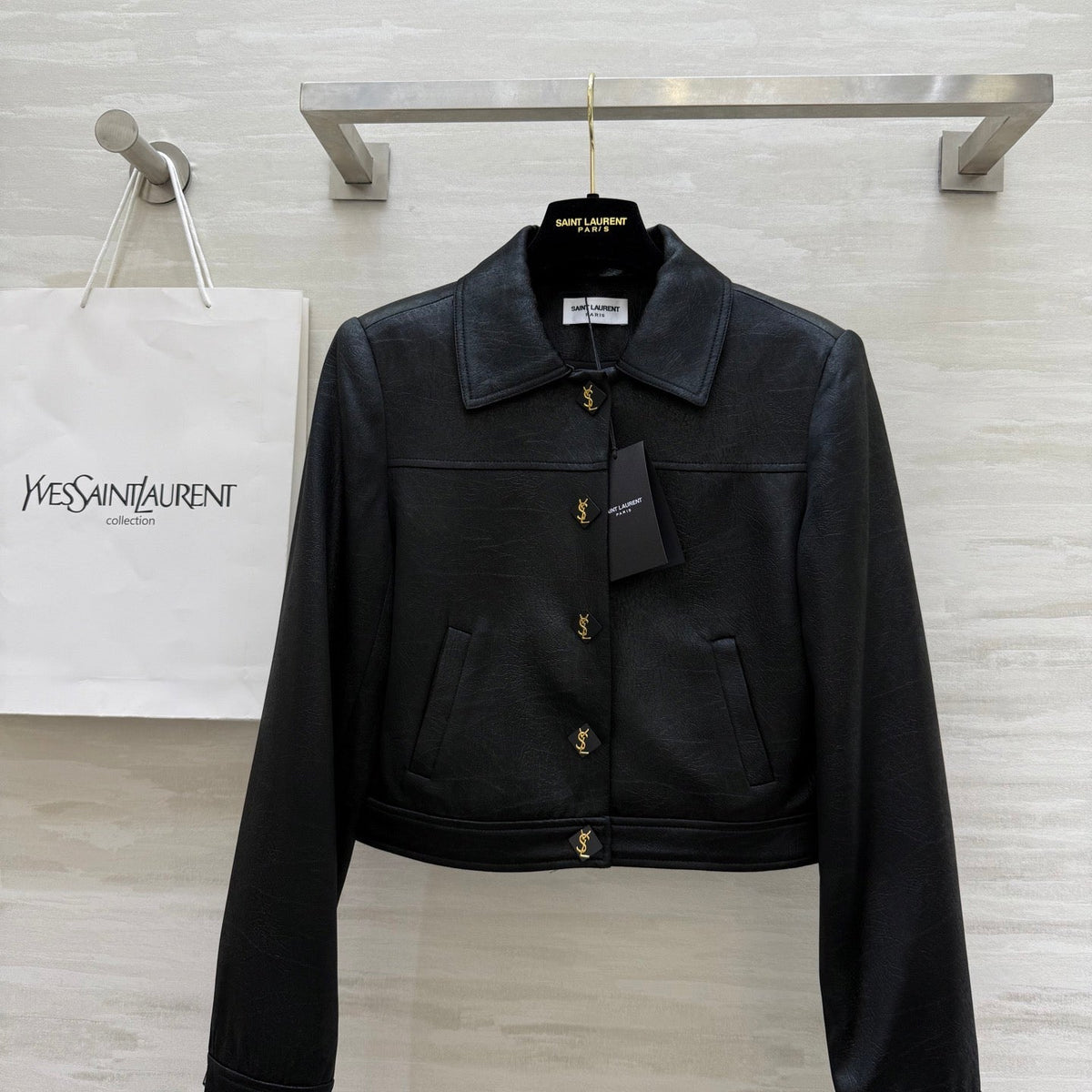 YSL 25 Short Jacket Black Acetic Acid Cracked Fabric – Vittoria Paris